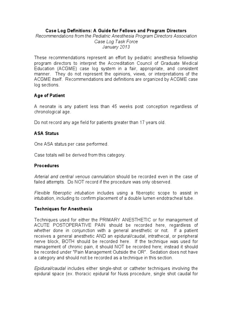 Case Log Definitions | PDF | Anesthesia | Surgery