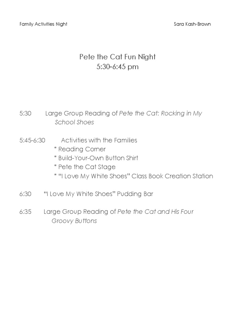 Pete The Cat Family Literacy Night Materials | PDF