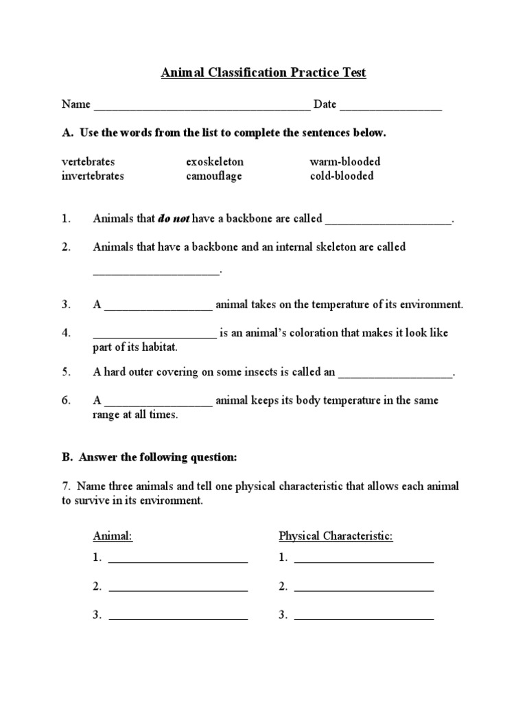 Animal Classification Test Worksheet | PDF | Language Arts & Discipline ...