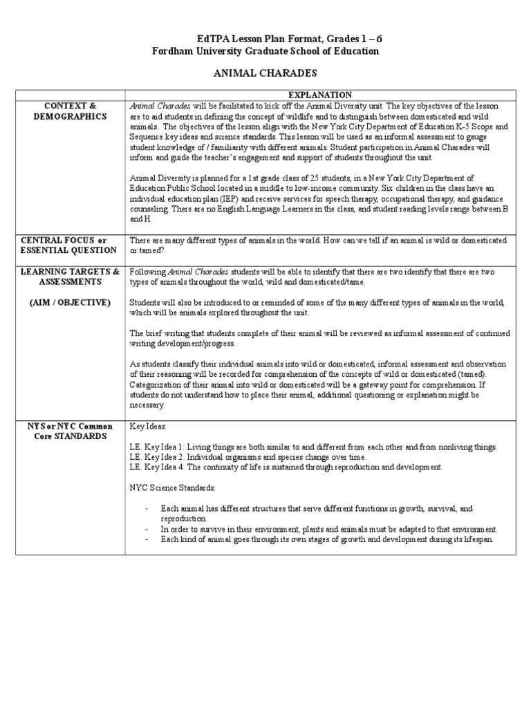 Edtpa Lesson Plan Format, Grades 1 - 6 Fordham University Graduate ...