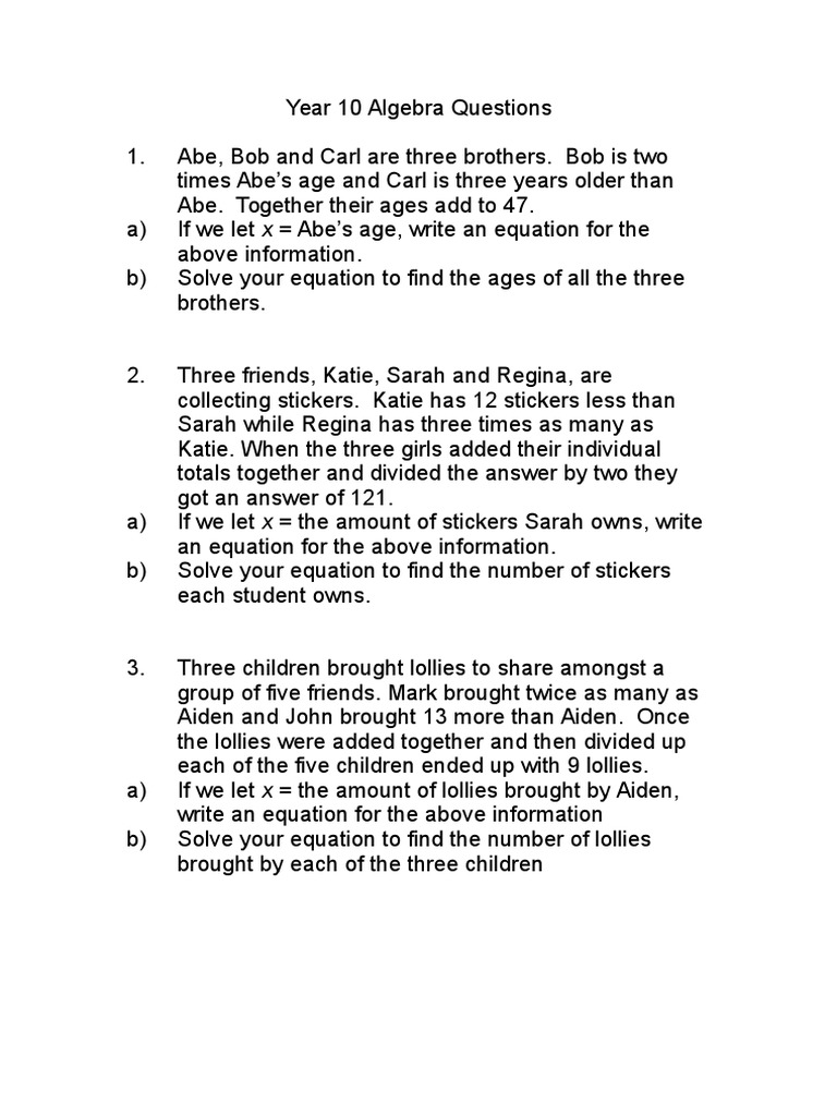 Year 10 Worded Algebra Questions | PDF