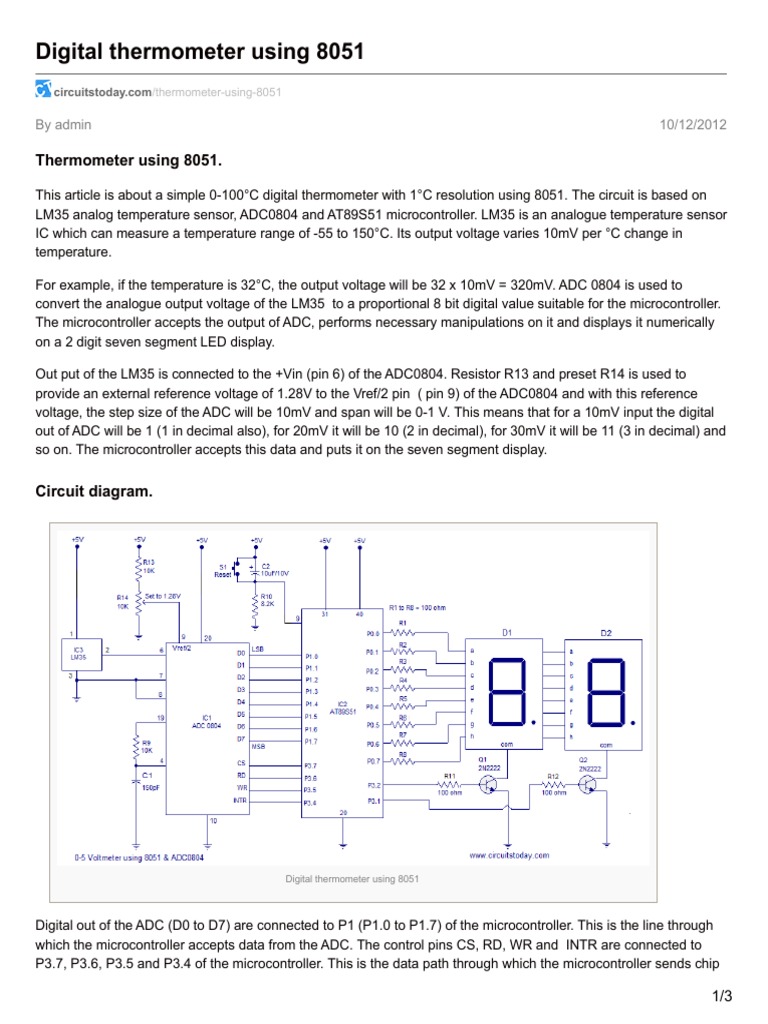 Digital Thermometer Using 8051 PDF | PDF | Analog To Digital Converter | Microcontroller