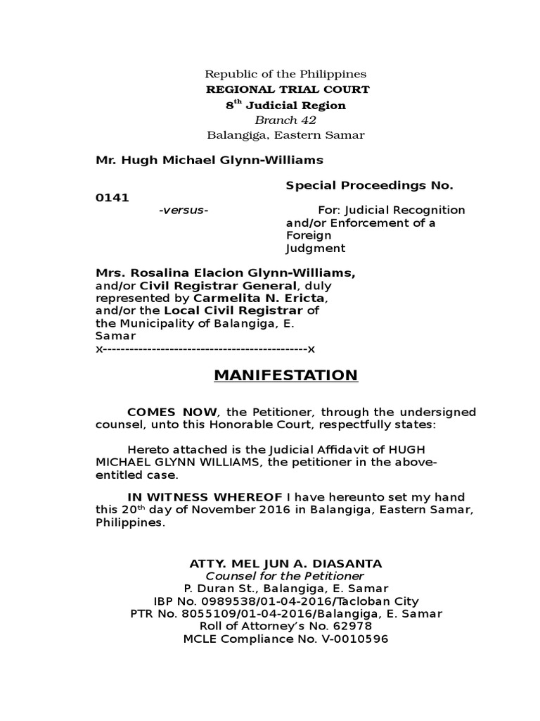 Regional Trial Court 8 Judicial Region: Manifestation | PDF