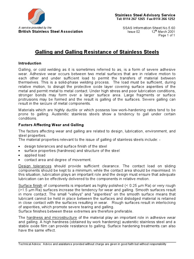 Galling Information | PDF | Stainless Steel | Steel