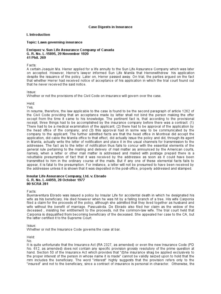 Insurance Case Digests | PDF | Rescission | Insurance