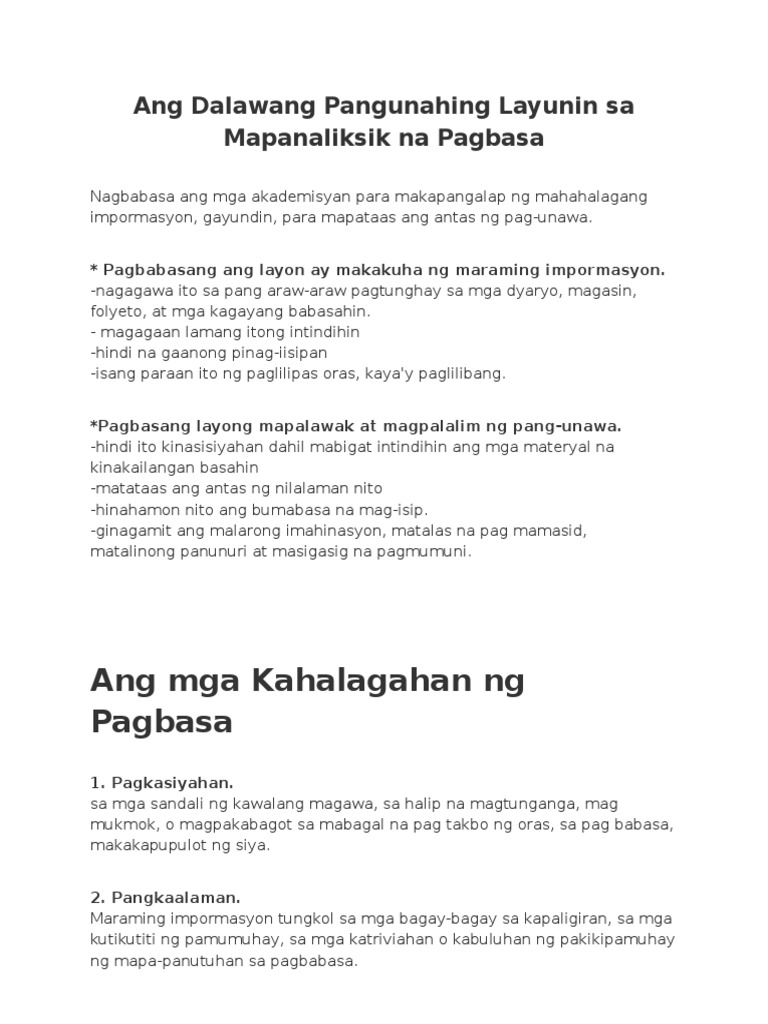 Ang Dalawang Pangunahing Layunin Sa Mapanaliksik Na Pagbasa | PDF