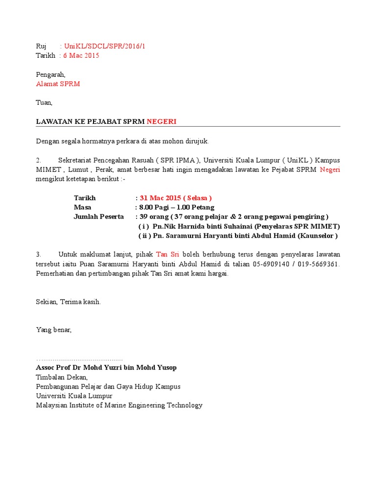 Surat Rasmi Lawatan SPRM | PDF