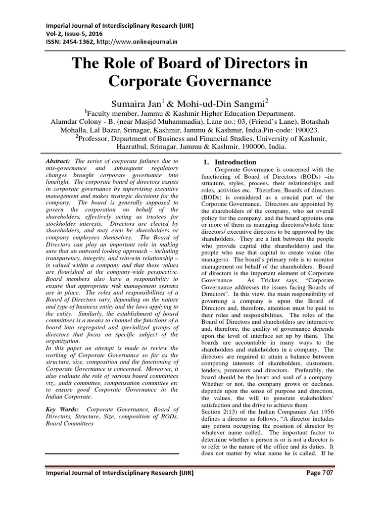 Role of BOD in Corporate Governance | PDF | Board Of Directors ...