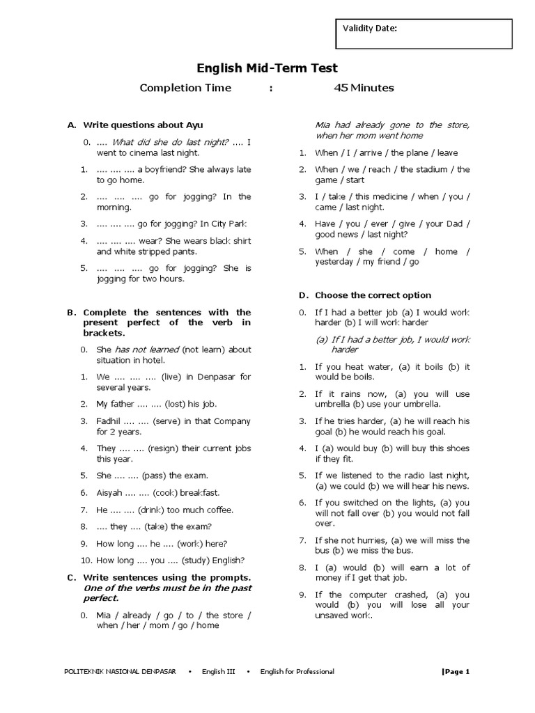 English Mid-Term Test for Professionals | PDF | Morphology | Languages