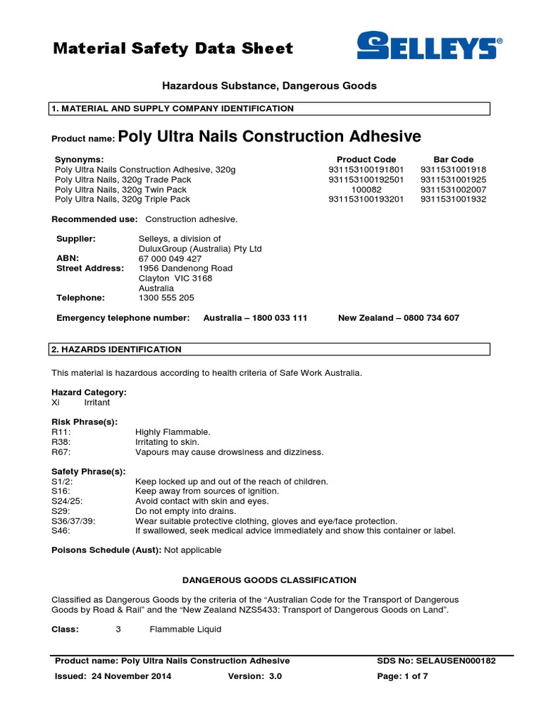 Poly Ultra Nails Construction Adhesive-Aus Sds | PDF | Dangerous Goods ...
