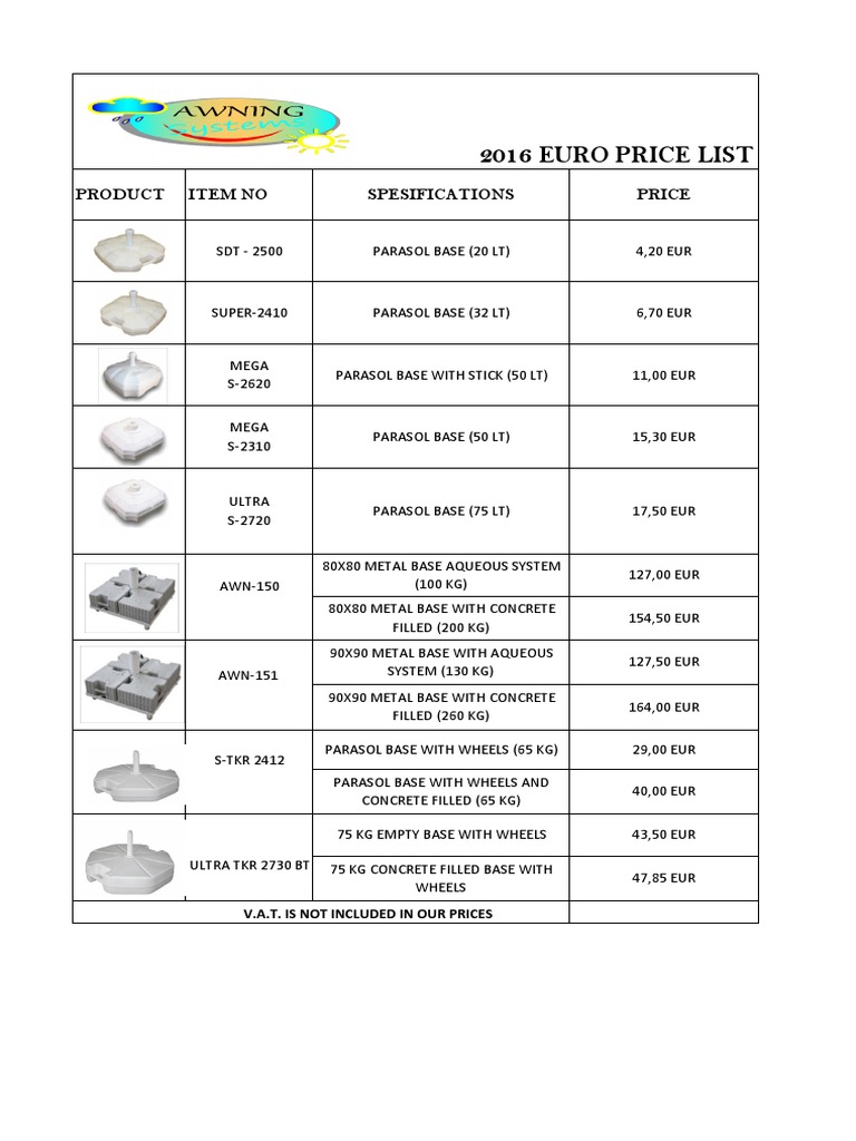 Awning Base Price List 2016 PDF | PDF