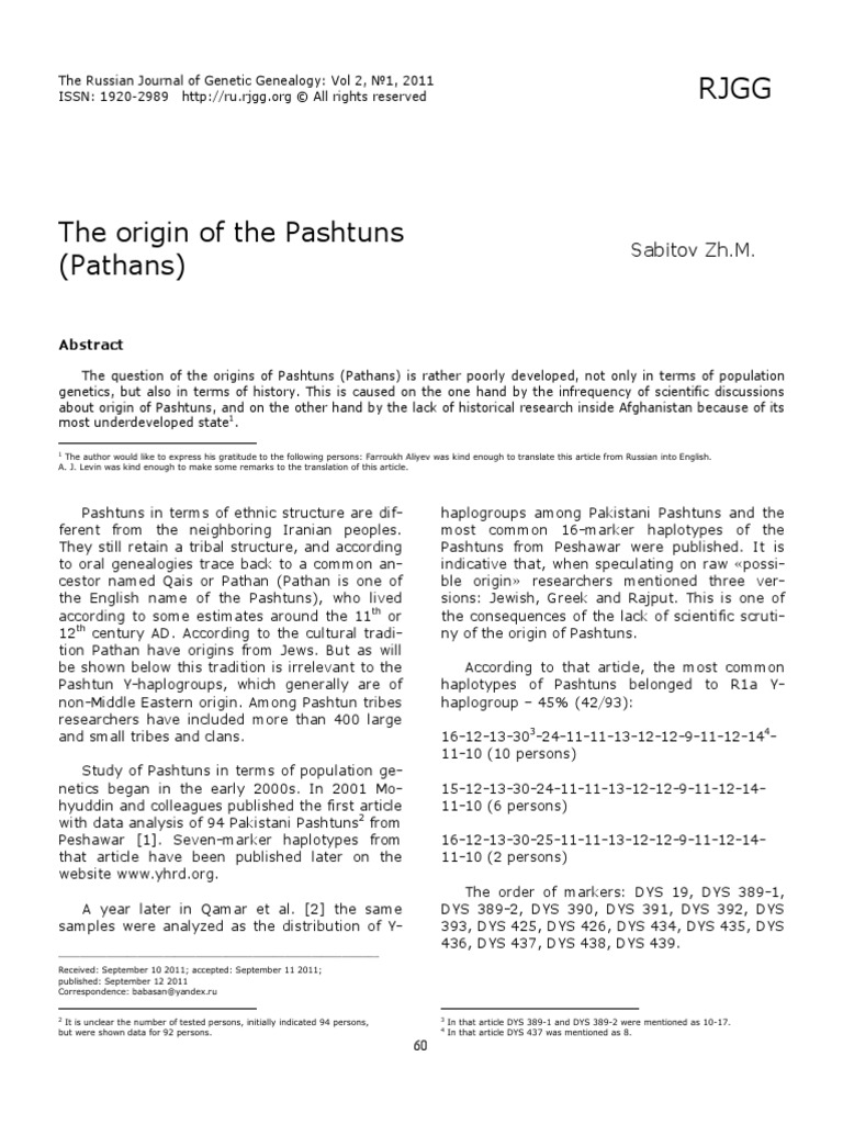 The Origin of The Pashtuns Pathans | PDF | Pashtuns | Population Genetics