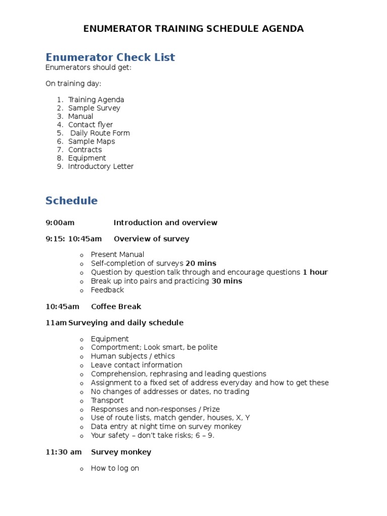 Enumerator Training Schedule Agenda | PDF