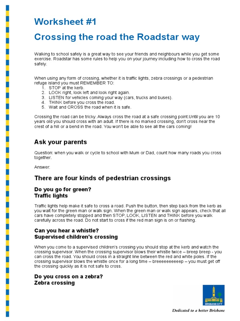 Active School Travel Worksheet 1 - Crossing The Road The Roadstar Way ...