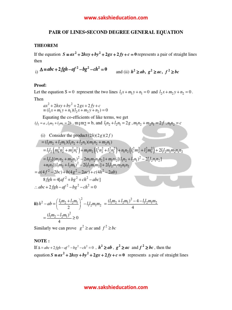 Pair of Lines Second Degree General Equation | PDF | Line (Geometry ...