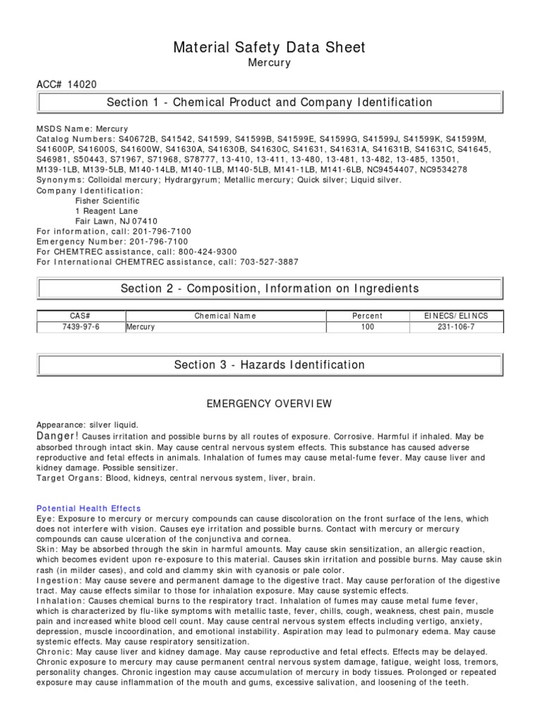 Msds Mercury | PDF | Dangerous Goods | Hazardous Waste