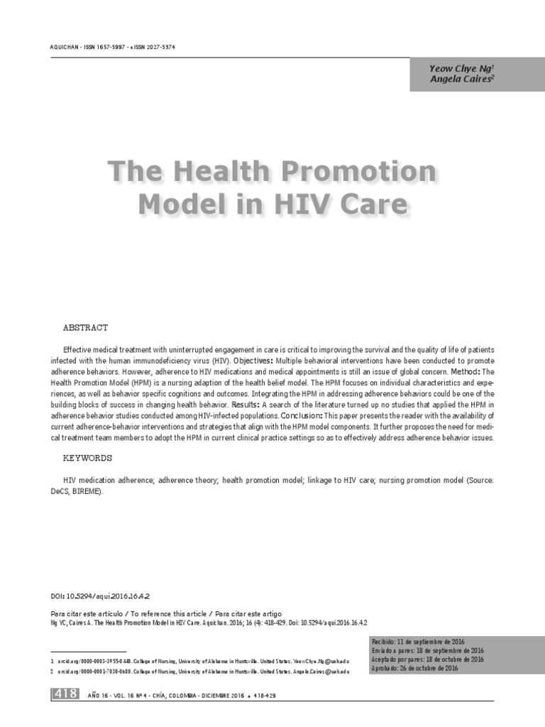 The Health Promotion Model in HIV Care: Yeow Chye NG Angela Caires ...