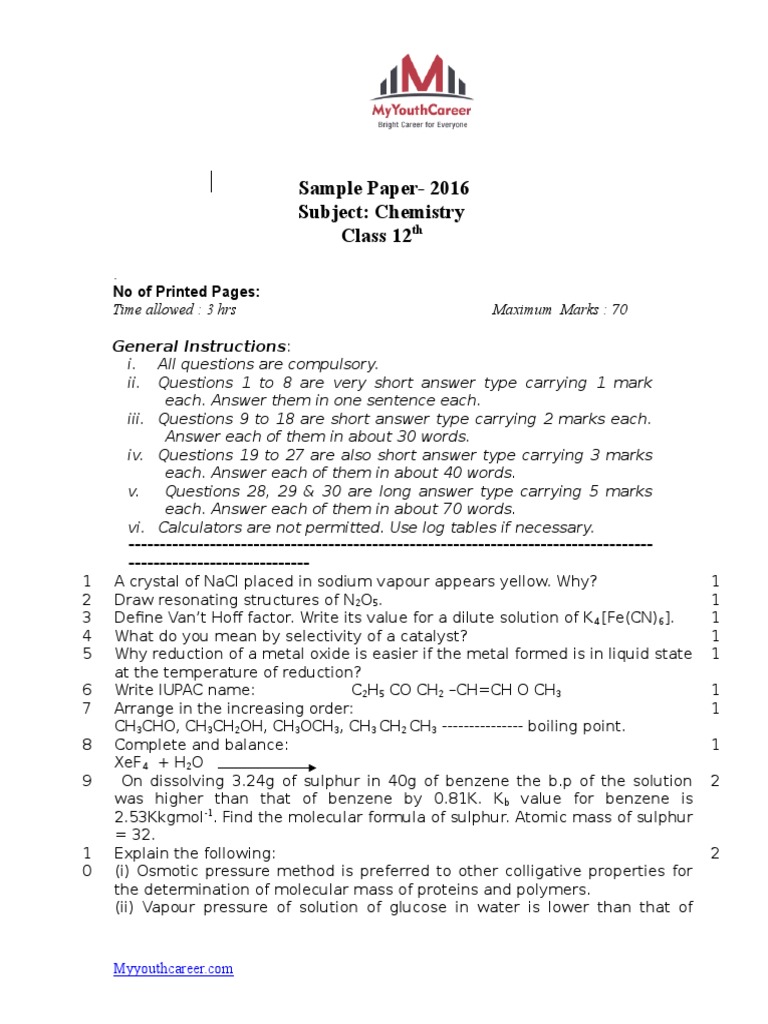 Class 12 Chemistry Sample Paper 2016 | PDF | Chemical Reactions | Redox