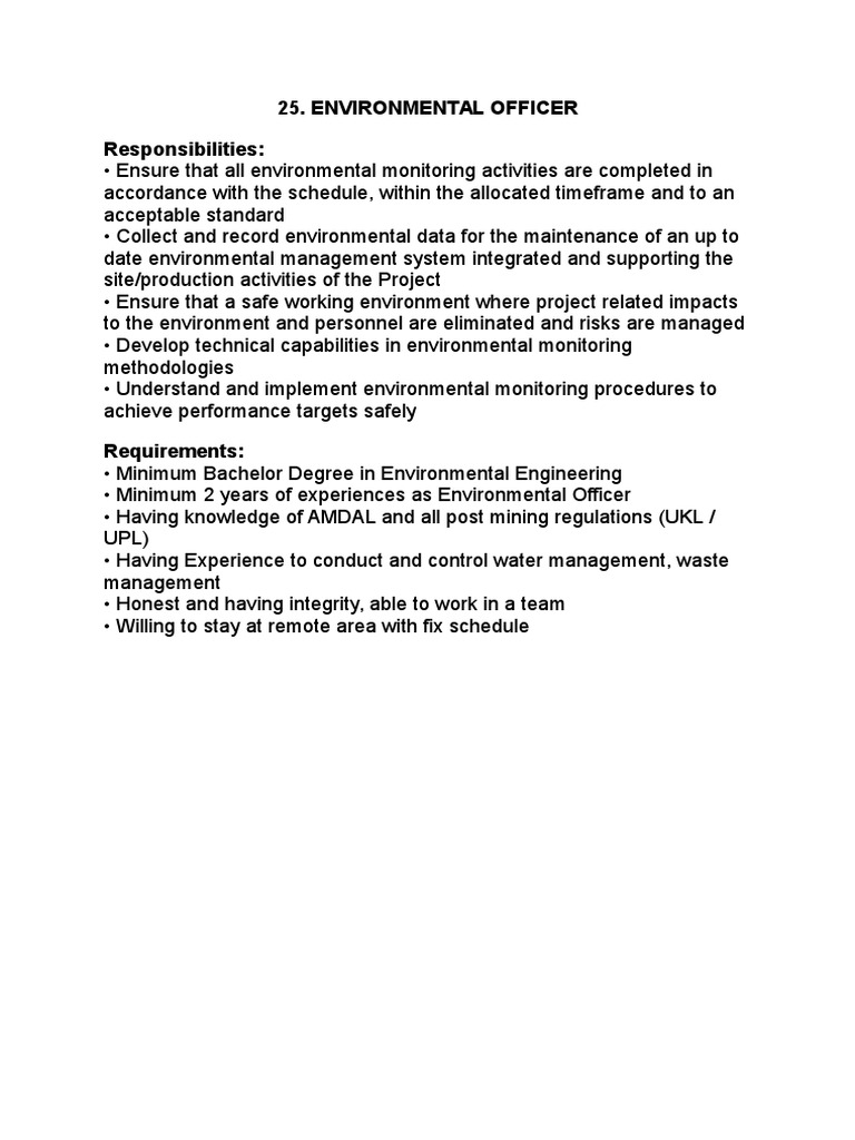 Environmental Officer Job Description | PDF | Environmental Monitoring ...