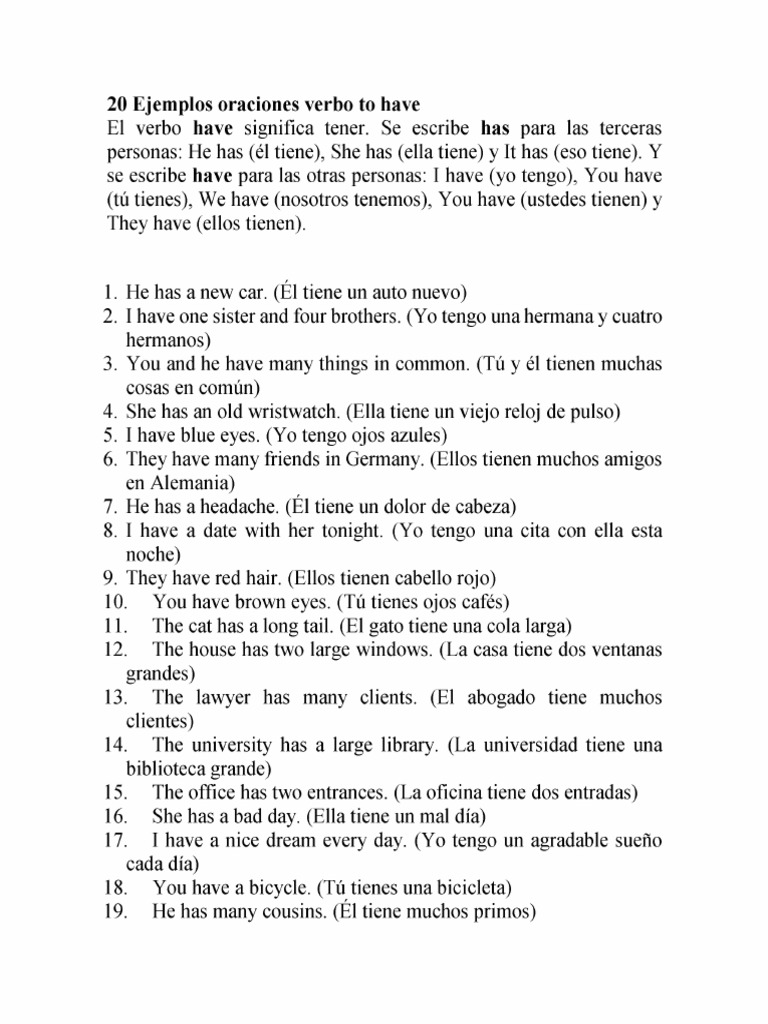 20 Ejemplos Oraciones Verbo To Have | PDF