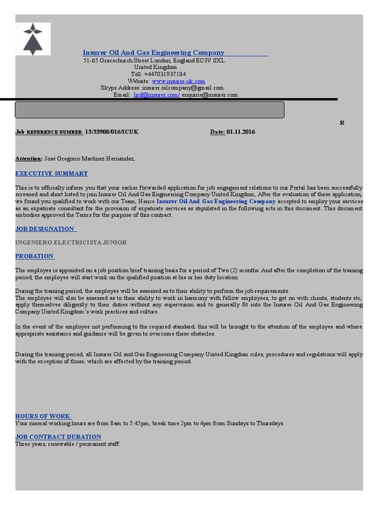 Insurer Oil and Gas Engineering Company Contract Appointment Letter ...