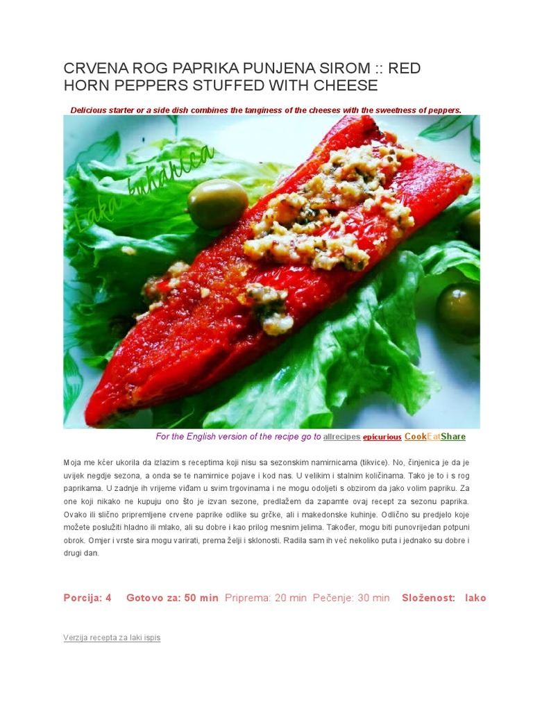 Crvena Rog Paprika Punjena Sirom | PDF