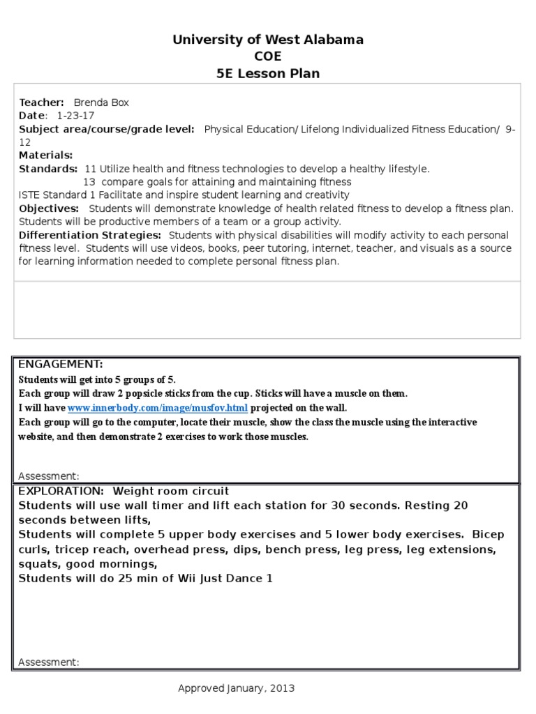 Uwa 5e Lesson Plan Group | PDF | Physical Fitness | Science Education