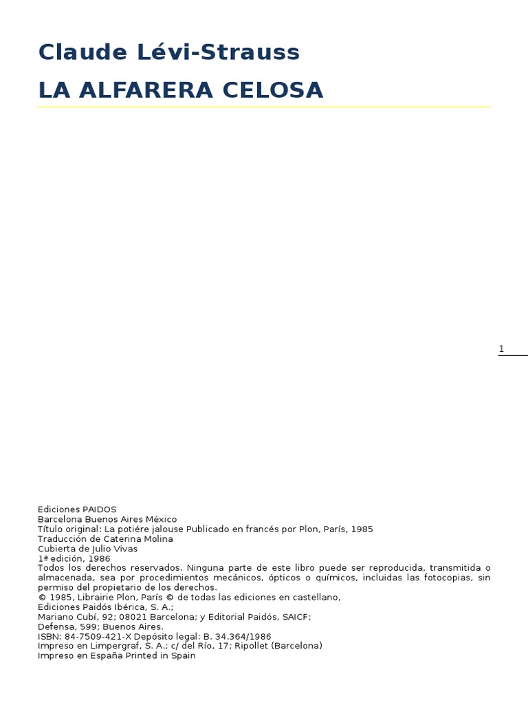 Claude Levi Strauss La Alfarera Celosa PDF | PDF | cerámica | Psicoanálisis