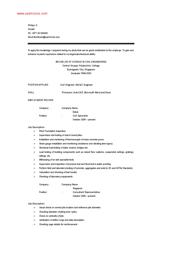 QA QC Civil Engineer Resume in MS Word Free Downlaod | Deep Foundation ...