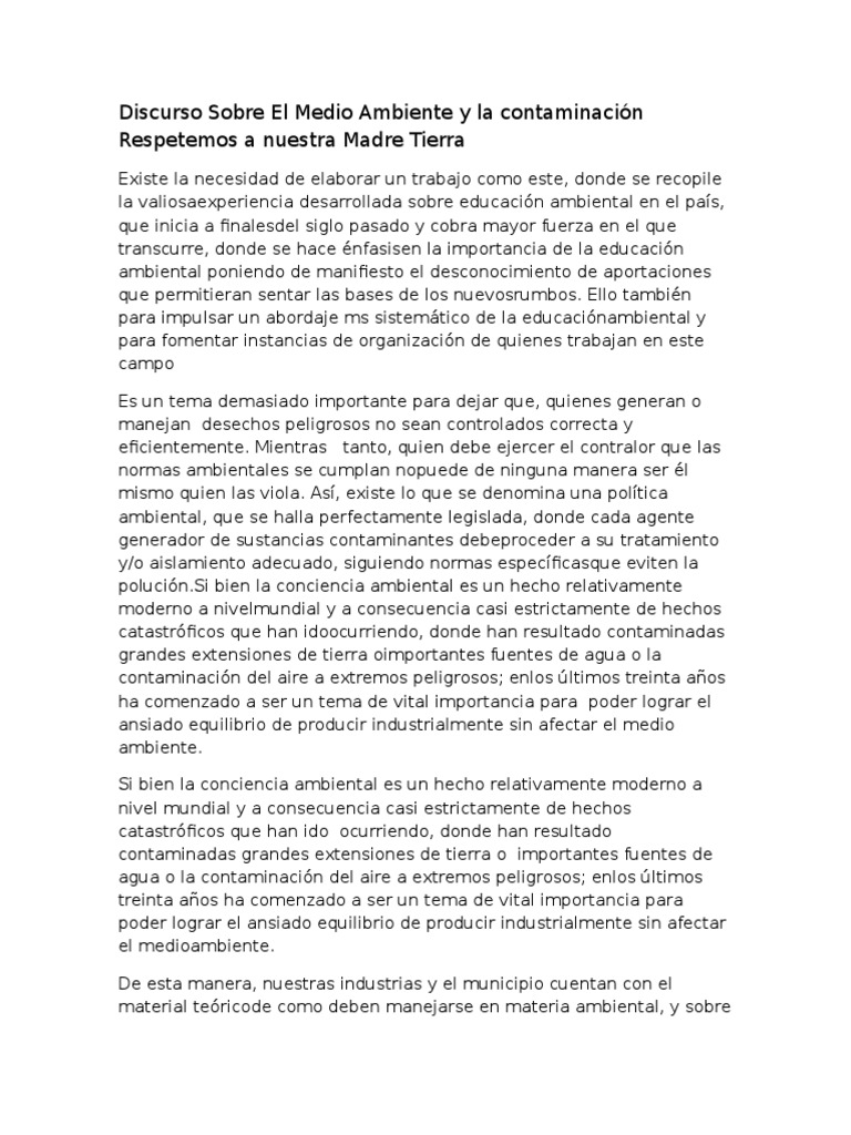 Discurso Sobre El Medio Ambiente y La Contaminación Respetemos A ...