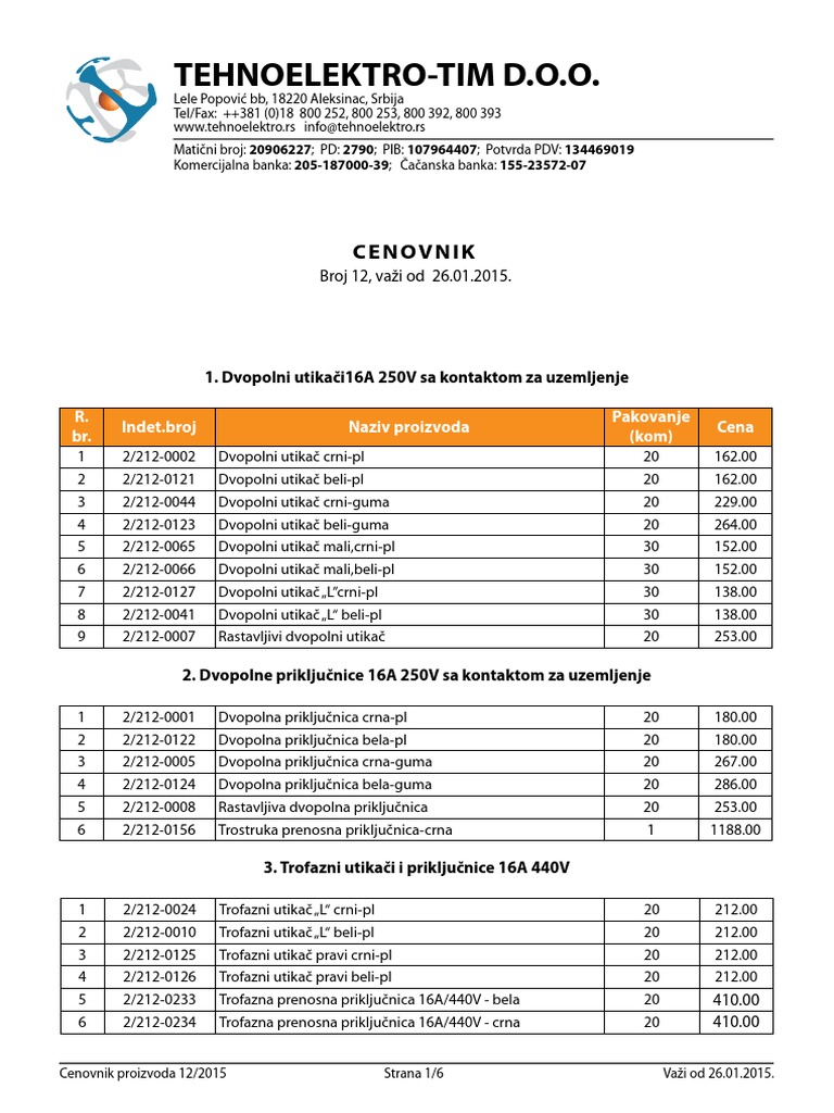 Tehnoelektro Cenovnik Proizvoda Br12 26.1.2015 | PDF