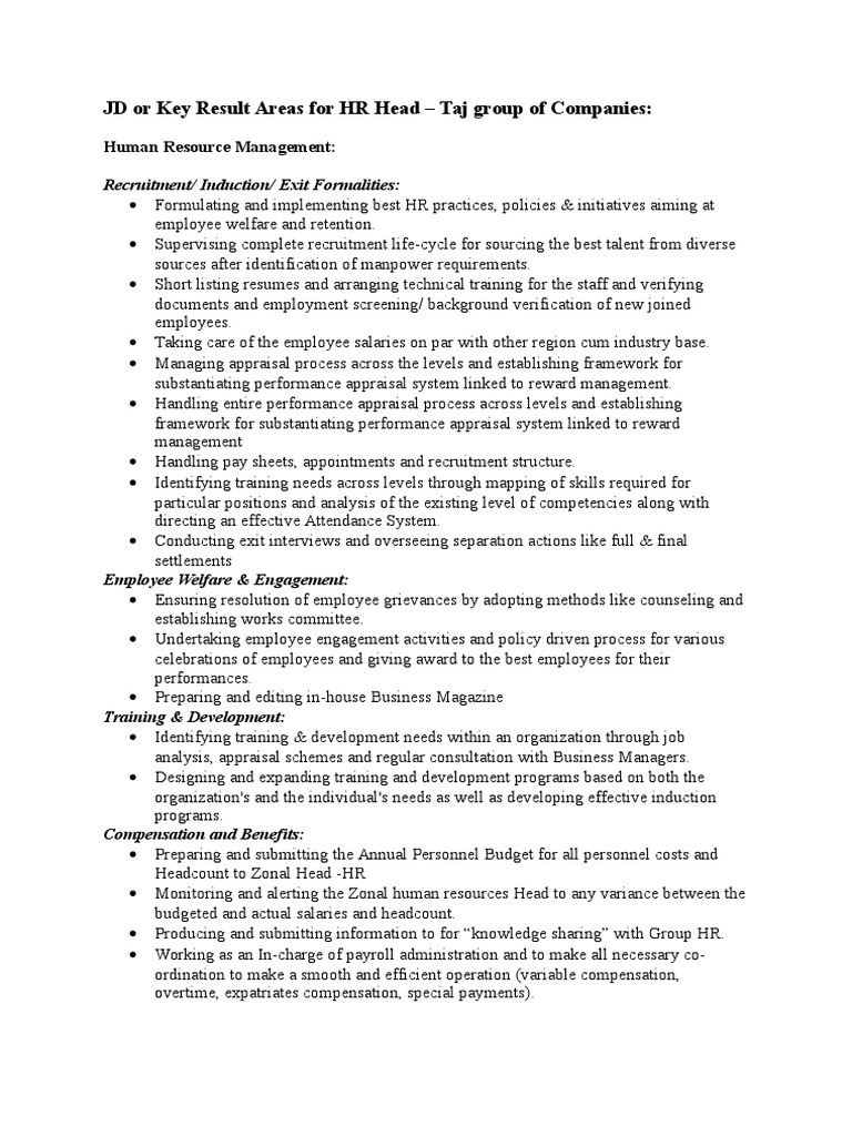 JD For HR Head | PDF | Employment | Performance Appraisal