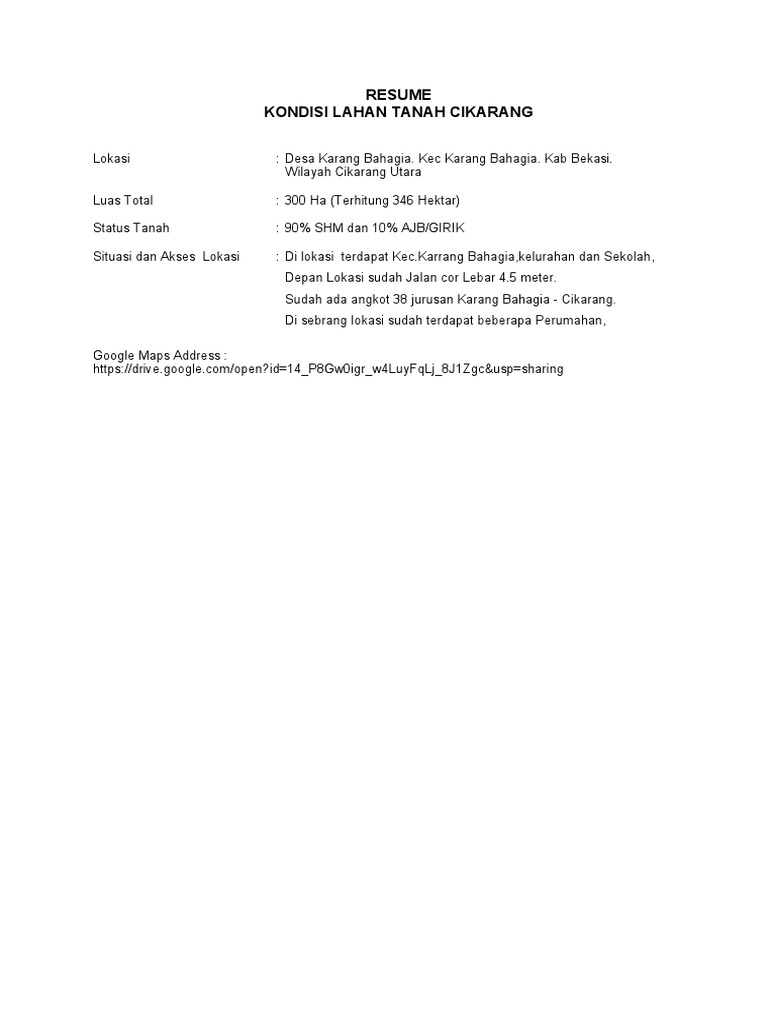 Contoh Summary Penawaran Tanah | PDF