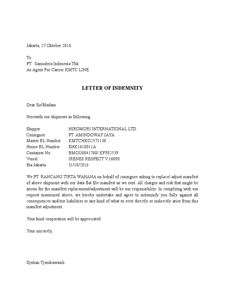 Letter of Indemnity | PDF