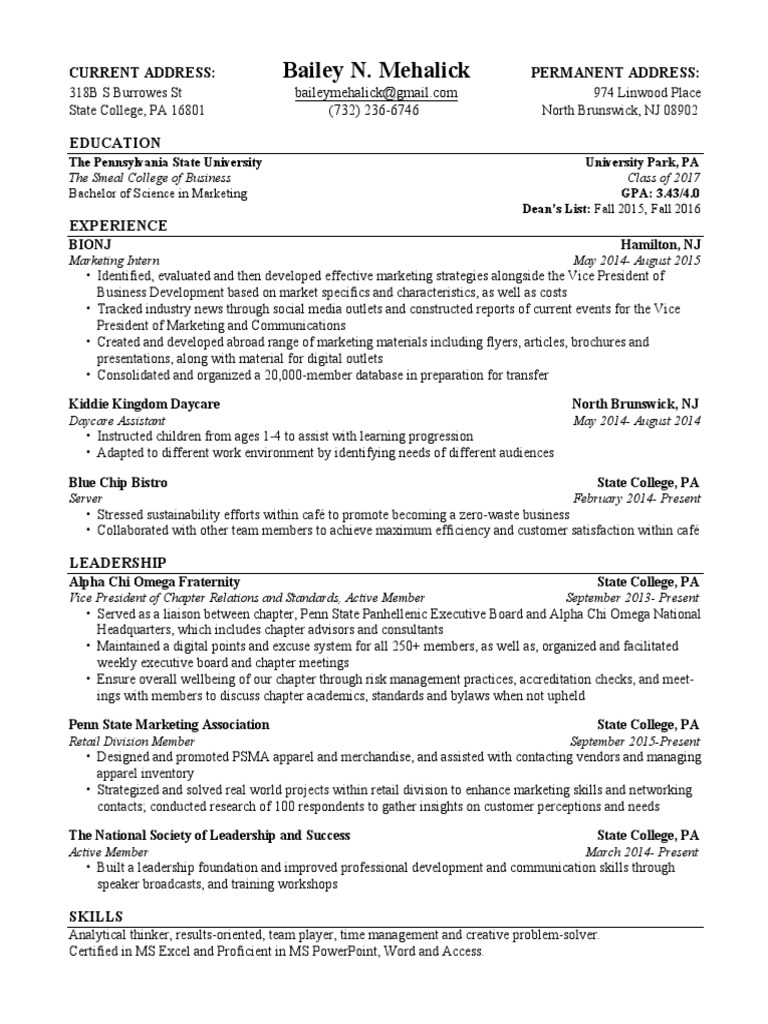 Bailey N Mehalick Resume 2017 | PDF | Pennsylvania State University ...