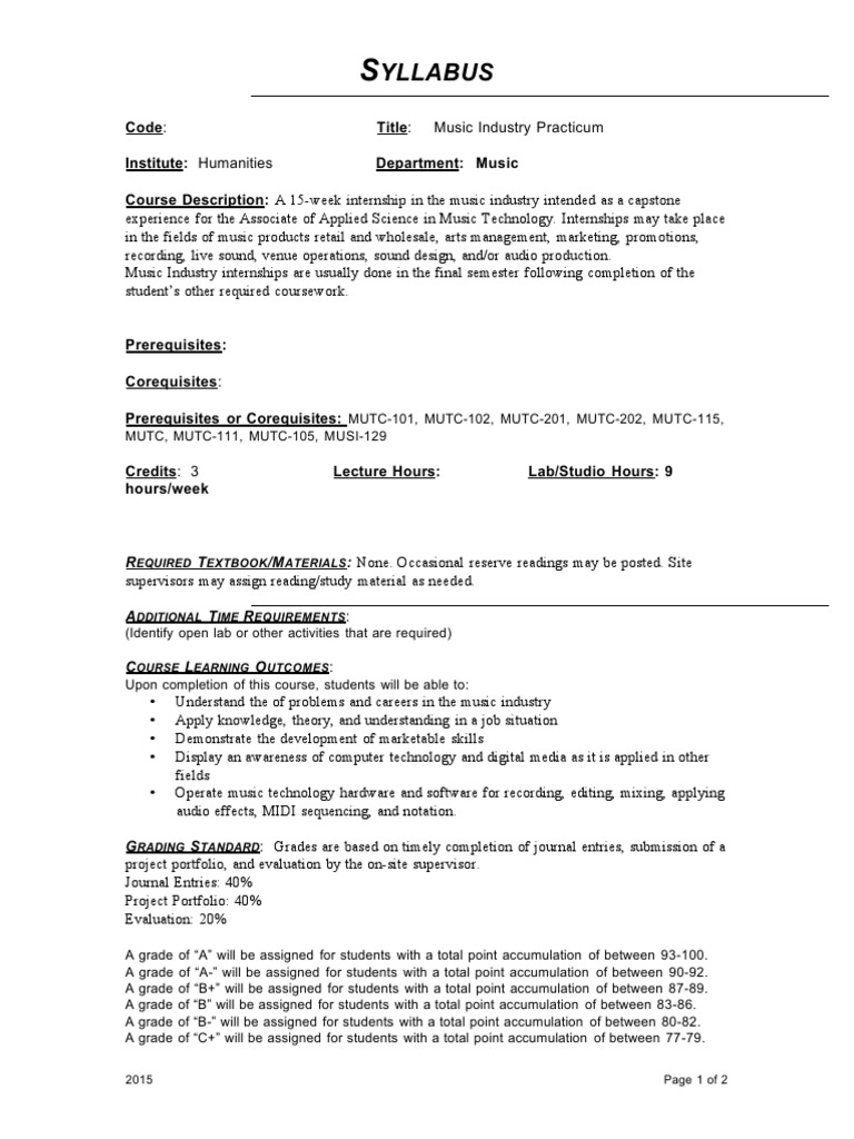 Music Industry Practicum Syllabus | PDF | Internship | Job Hunting