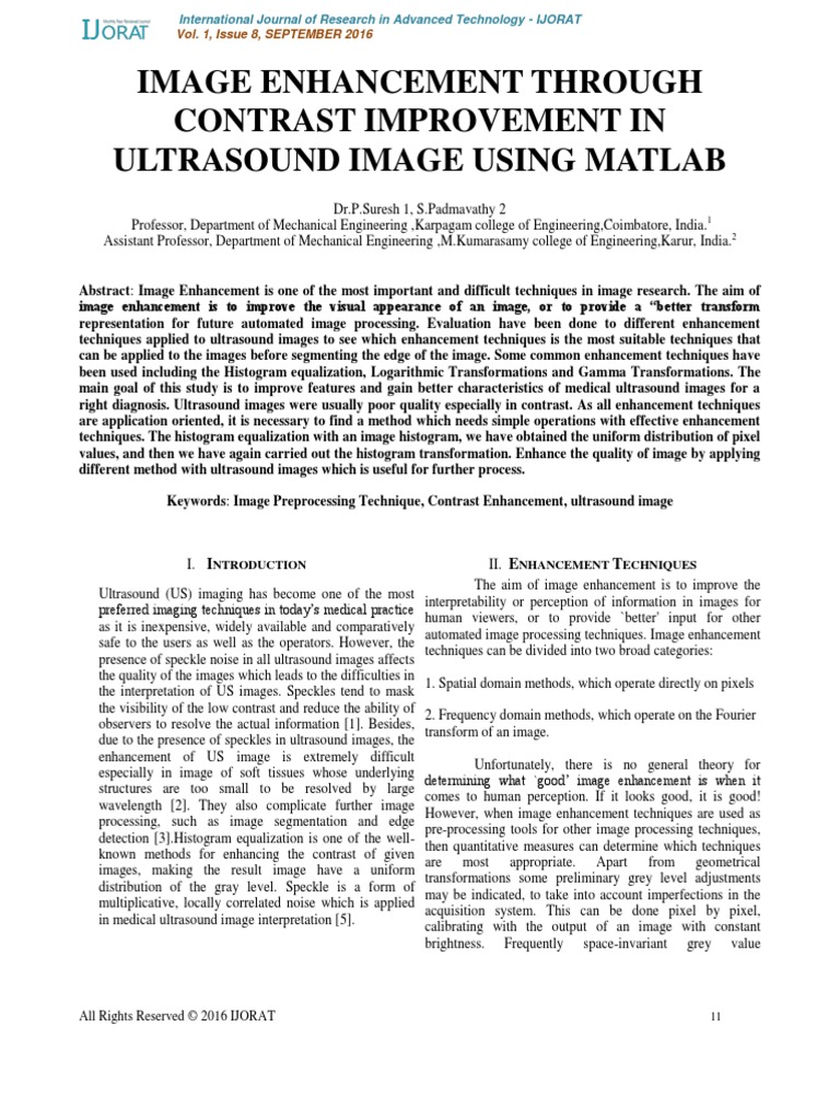 Image Enhancement Through Contrast Improvement in Ultrasound Image Using Matlab | PDF | Image ...