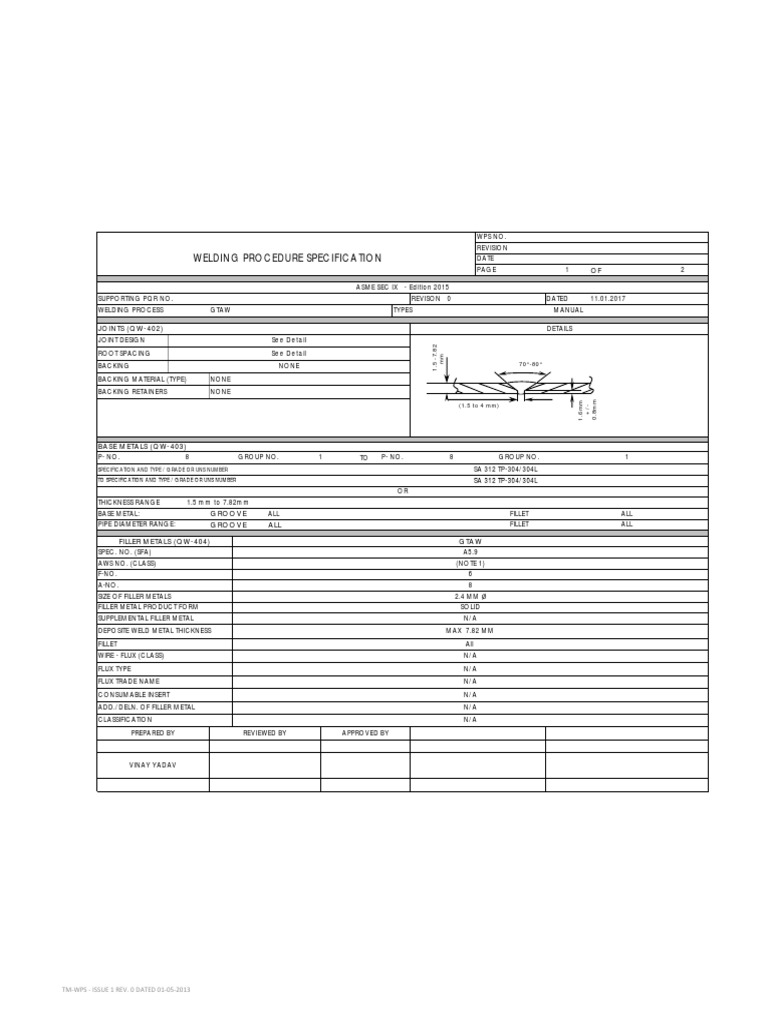 Revised Wps For Gtaw - Xls Dated 25.01.2017 | PDF | Welding | Construction