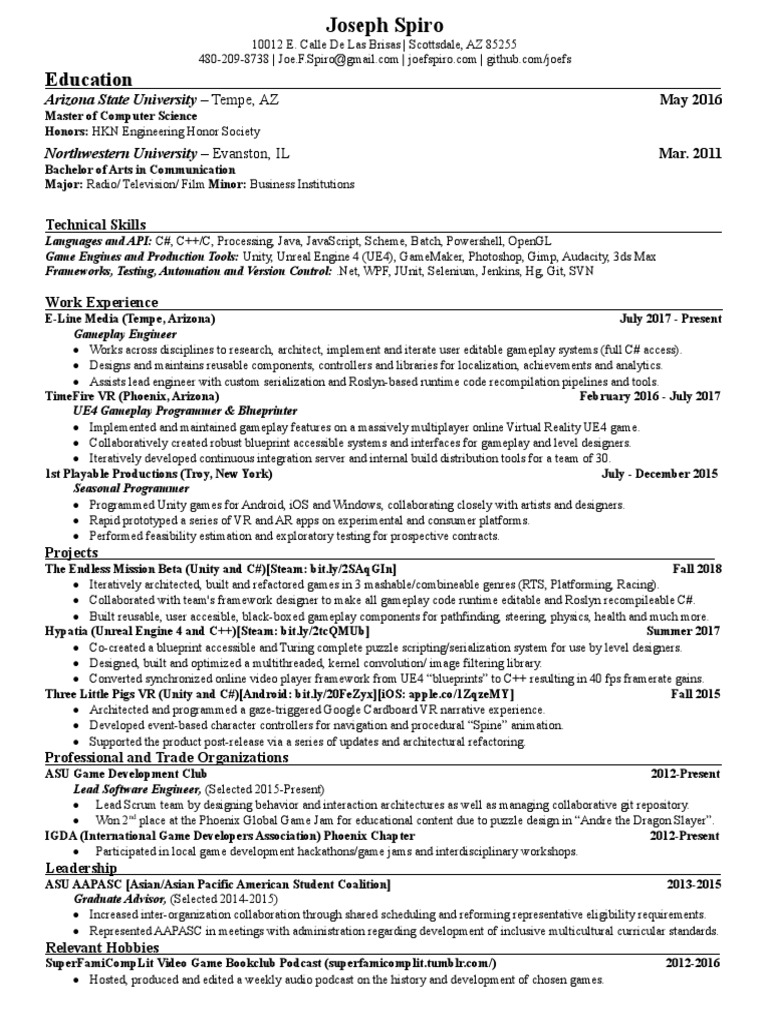 Gameplay Engineer Portfolio of Joe Spiro | PDF | Unity (Game Engine ...