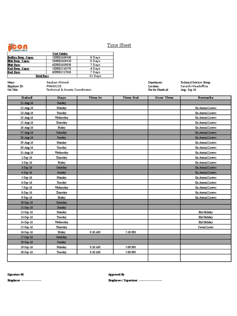 August Timesheet for Sauban Ahmed | PDF