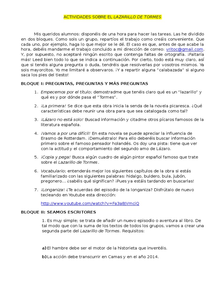Actividades Sobre El Lazarillo de Tormes | PDF