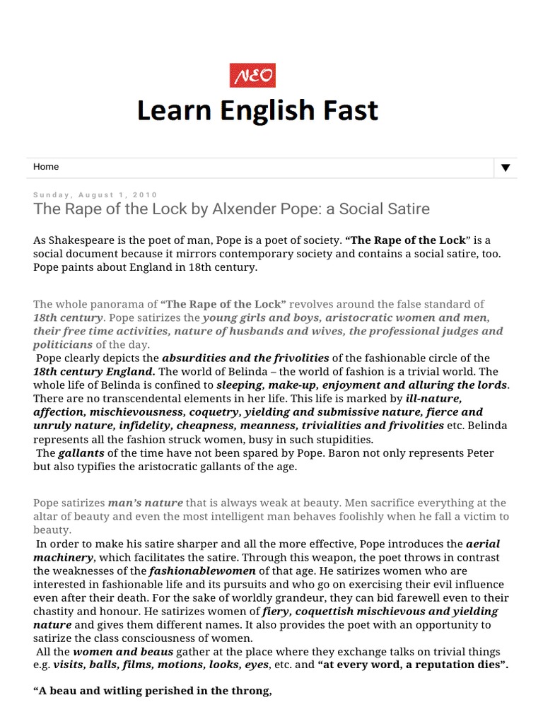 The Rape of The Lock by Alxender Pope - A Social Satire | PDF ...