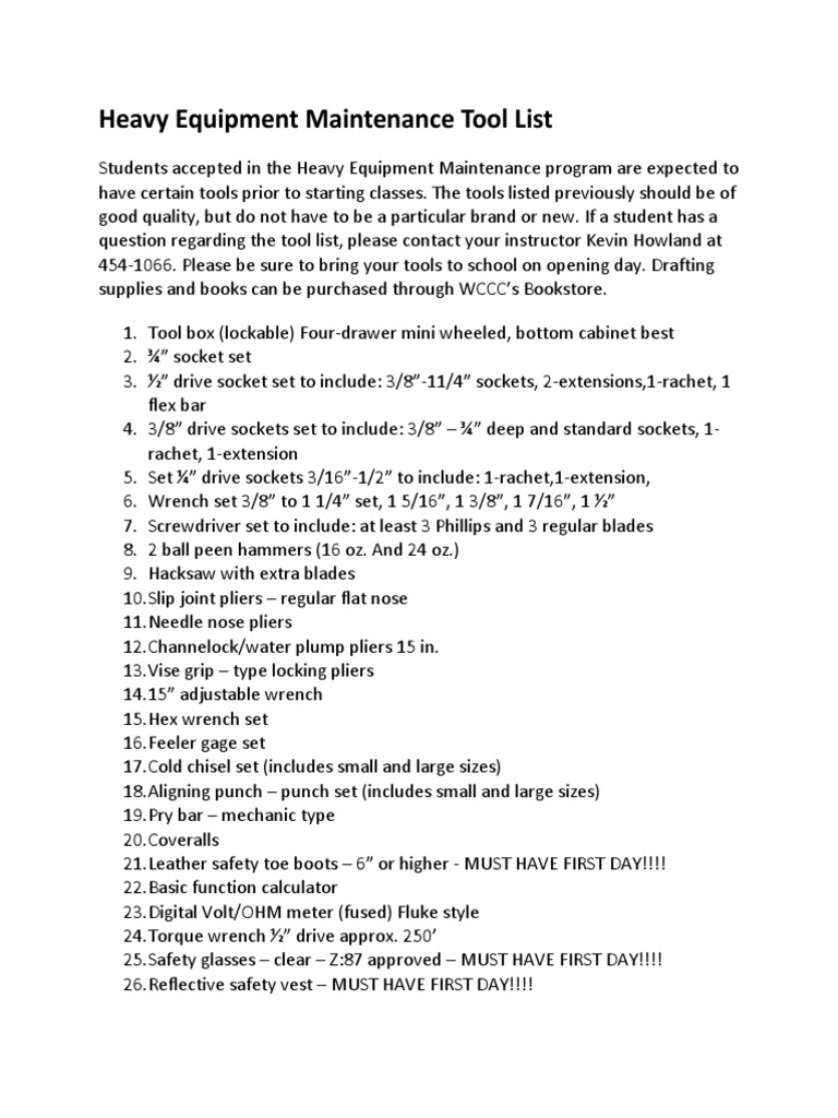 AD Document Heavy Equipment Maintenance Tool List | PDF | Tools ...