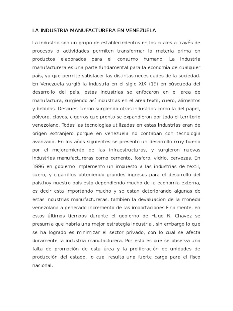 La Industria Manufacturera en Venezuela | PDF