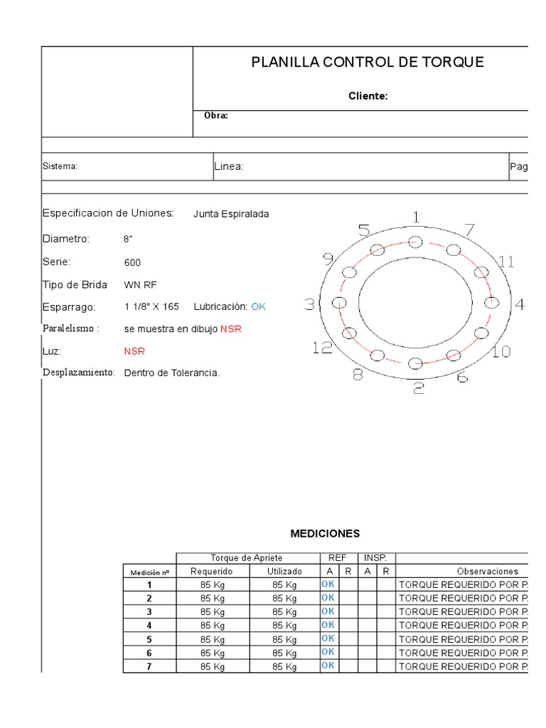 Planilla de Torque de Brida 12 Esparragos | PDF