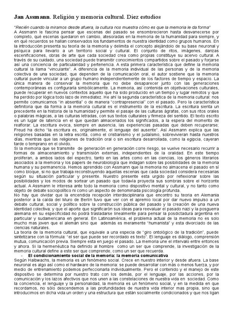 Jan Assmann. Religión y Memoria Cultural. Diez Estudios | PDF | Memoria ...