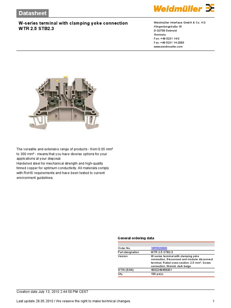 Datasheet: W-Series Terminal With Clamping Yoke Connection WTR 2.5 STB2 ...