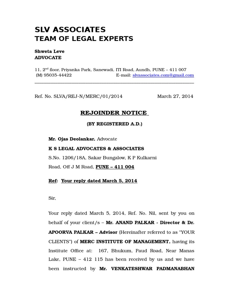Final Rejoinder Notice-MERC | PDF | Master Of Business Administration ...