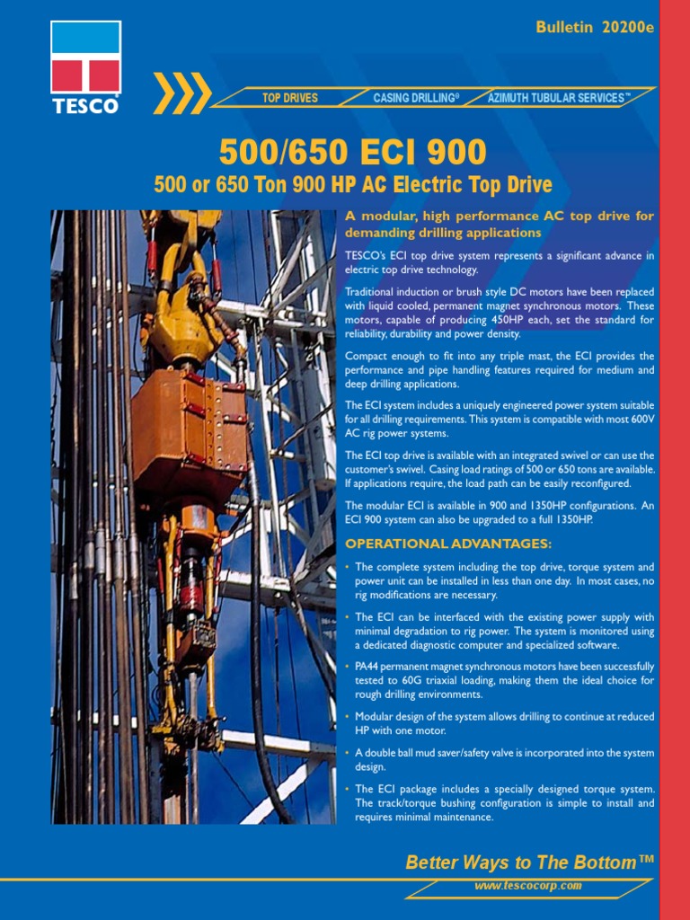 500 or 650 Ton 900 HP AC Electric Top Drive: Tesco | PDF | Home ...
