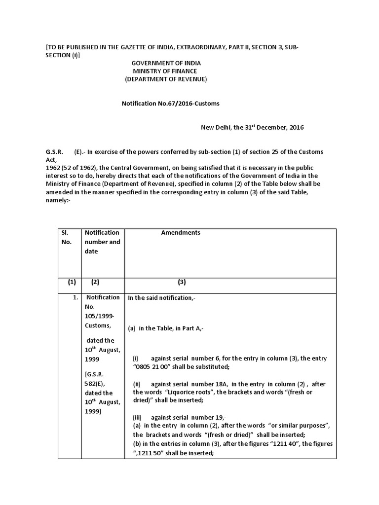 Customs Tariff Notifications No.67/2016 Dated 31st December, 2016 | PDF ...
